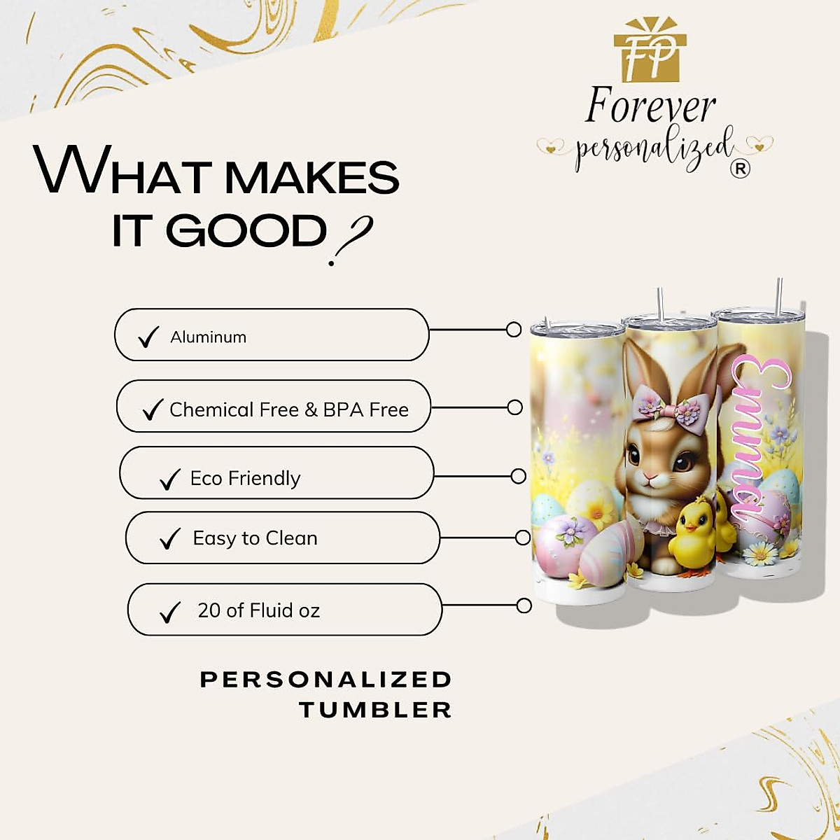 Custom Printed Cute Bunny Easter Tumbler | Personalized Double Wall Insulated Travel Mug | Spring Design with Name (Cute Bunny)