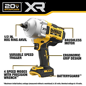 DEWALT 20V MAX Cordless Impact Wrench Kit, 1/2" Hog Ring, Battery and Charger Included (DCF961GP1)