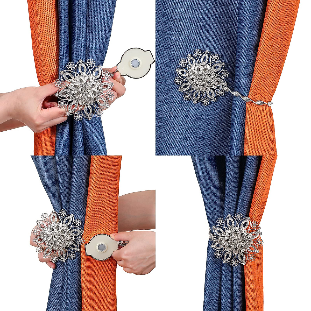 SUQ I OME Luxury Big Crystal Magnetic Curtain Tieback Flower Curtain Clips Buckle with Stretchy Wire Rope for Home Office Decoration(Silver D,2PCS)