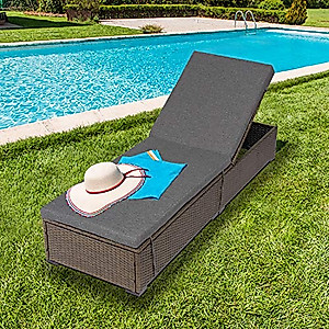 Kinsunny Outdoor PE Wicker Lounge Chair Patio Reclining Chair Furniture Set Beach Pool Adjustable Backrest Recliners with Dark Grey Cushions
