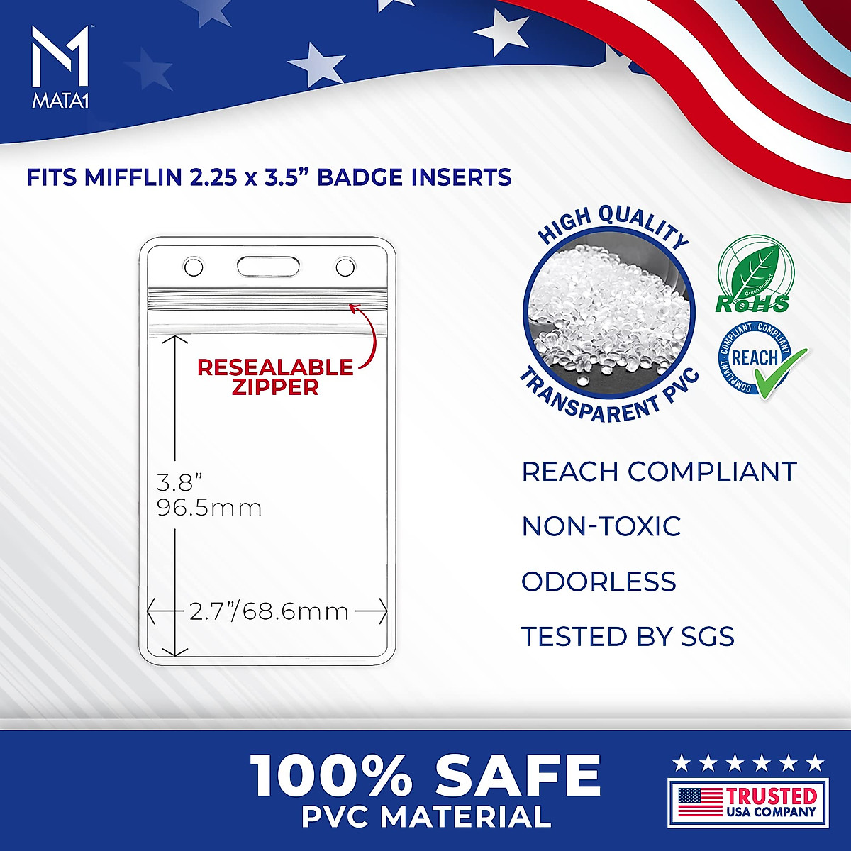 Mata1-USA Extra-Thick Vertical ID Name Badge Holder (Clear, 2.25x3.5 Inch, 250 Pack), Plastic Nametag Card Holders with Zipper