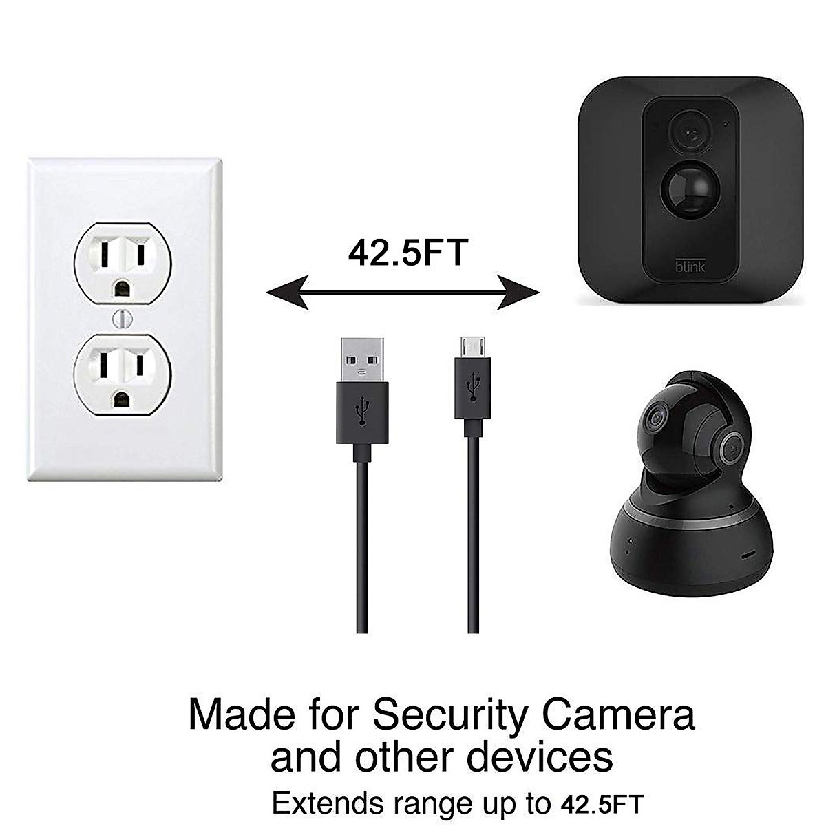 MOYEEL 42.5Ft(13M) Power Extension Cable for Wyze Cam/Wyze Cam Pan, Blink Mini/Blink XT Cam, Yi Camera, NestCam Indoor and Quick Charge Power for Home Security Camera (Black) (1 Pack)