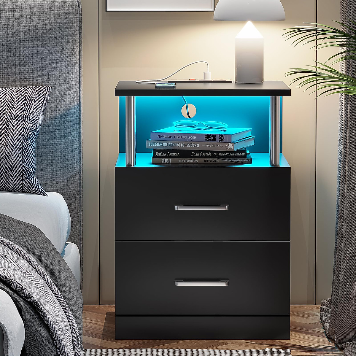 AOGLLATI Nightstand with Charging Station and LED Lights, Night Stand with Open Storage, Bedside Table with Drawers, 2 USB Ports, 2 Outlets, Modern End Side Table for Bedroom,White