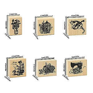 Toptime Wooden Rubber Stamps, 6 Pieces Stamps with 4 Ink Pad, Vintage Wood Stamps with Cat and Bird Pattern, Flower Stamps and Animal Stamps Set for Journaling, Scrapbooking, Card Making