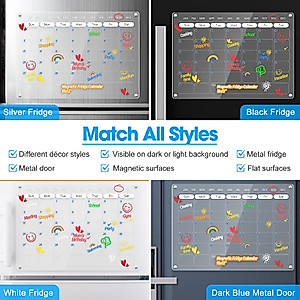 Acrylic Magnetic Fridge Calendar & Weekly Planner Monthly Dry Erase Board for Refrigerator w/ 8 Markers & Magnetic Pen Holder Meal Planning Whiteboard 16''x12'', 2 Boards (Calendar + Weekly Planner)