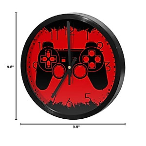 Game Joystick on Red Grunge Background Non-Ticking Wall Clocks, Battery Operated Silent Wall Clock for Bedroom Living Kitchen Office Home Art Decor