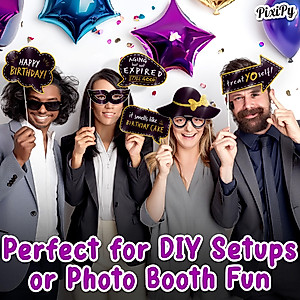 Premium Birthday Photo Booth Props Kit - 27 Pieces Black & Gold Party Decorations - Durable & Easy-to-Use Photobooth Props Signs for Memorable Photos - Party Supply Decorations - by PixiPy