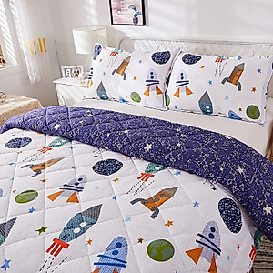 Brandream Kids Bedding Set Twin Size Space Boy Girl Cotton Comforter Set Space Rocket Galaxy Bedroom 3-Piece