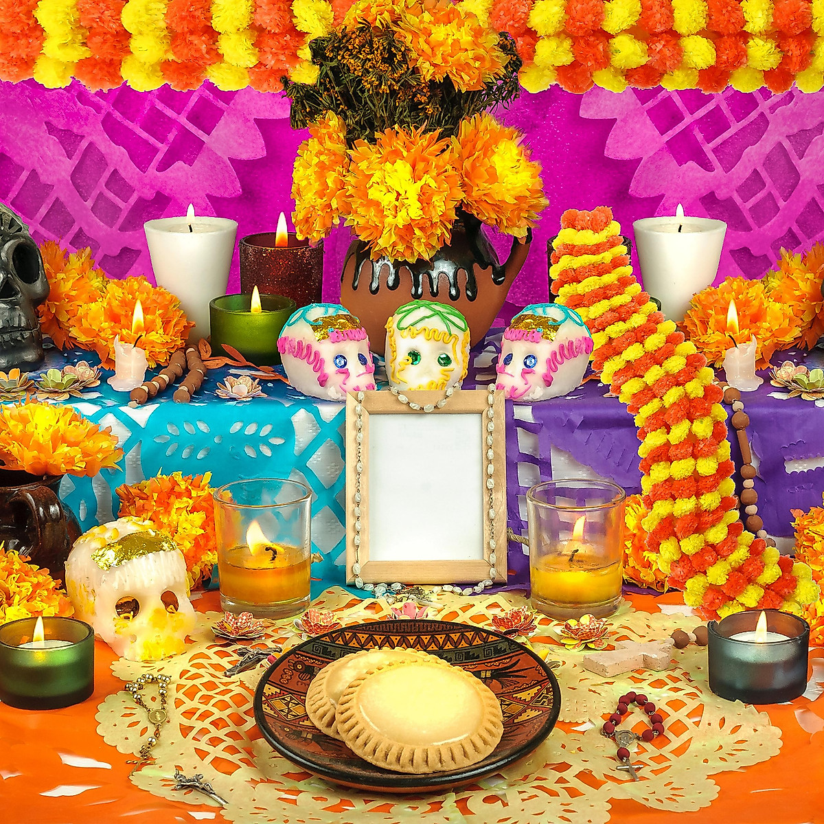 6 Pcs× 5 Feet Long Marigold Flowers Garland Bulk Indian American Wedding Party Mantel Decoration Artificial Dia de Los Muertos Decorations for Altar Faux Flower Garland for Diwali, Bush Floral Party