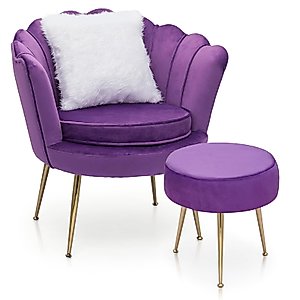 MoNiBloom Purple Accent Chair with Ottoman, Living Room Upholstered Modern Velvet Chair, Bedroom Leisure Single Sofa Chair Armchair Comfy Chair Reading Club Coffee Chair with Pillow and Soft Cushion