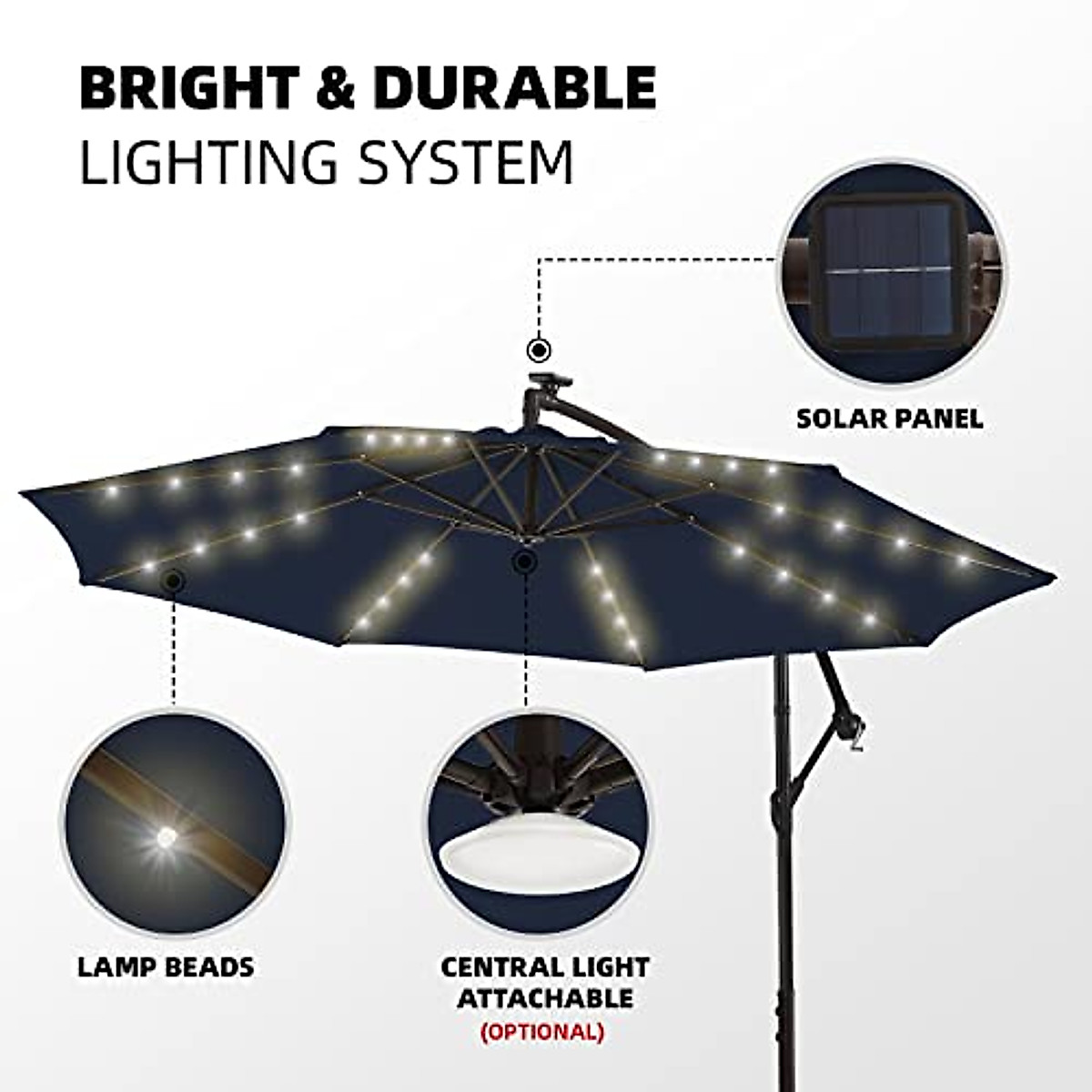 wikiwiki 10 FT Solar Offset Hanging Umbrella, Lighted Patio Cantilever Umbrella with 32 Lights, Infinite Tilt, Fade Resistant RECYCLED FABRIC Canopy & Cross Base, for Yard, Garden & Deck(Navy Blue)