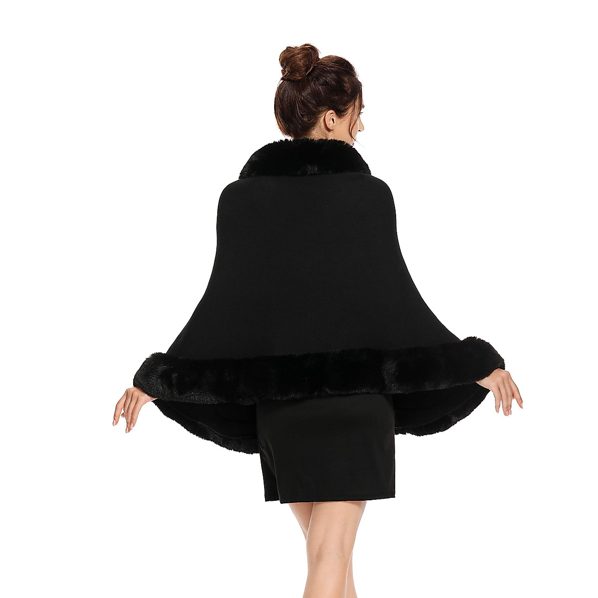 ZLYC Women Winter Faux Fur Shawl Stole Warm Wrap Cape (Black)