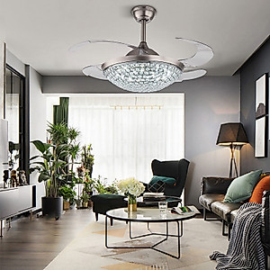 GDNTMU Ceiling Fan with Lights Remote Control 42 inch, Modern Ceiling Fan Chandelier Invisible 4 Retractable Blade with 3 Light Color Changes and 3 Speeds for Dining/Living Room Bedroom