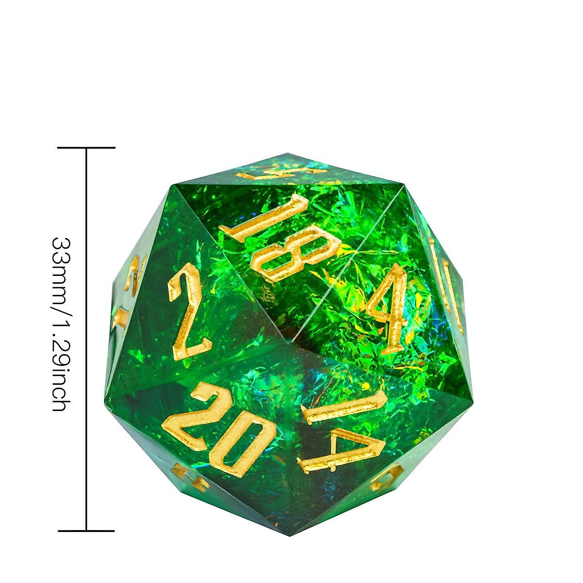 Cusdie Single D20 DND Dice with Sharp Edges and Glitter Foil Inclusions, 20 Sided D&D Dice, 33mm Handcrafted Polyhedral Dice, for Role Playing Game MTG Pathfinder (Green)