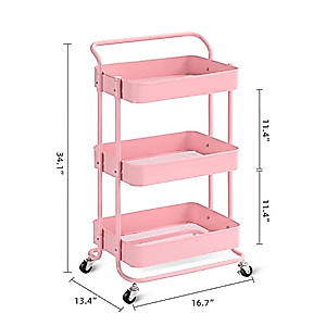 TOOLF 3 Tier Metal Rolling Cart, Utility Cart with Handle, Multifunction Storage Cart with Lockable Wheels, Serving Organizer Trolley with Mesh Basket for Kitchen, Bathroom, Office