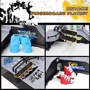 KETIEE Mini Finger Skateboard Ramp, Skate Park Kit with Fingerboard & Mini Finger Shorts for Fingerboards Training Props Interactive Freestyle Skate Game, Finger Skateboards for Kids (A, Red)