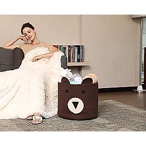 Bear Basket, Animal Basket, Large Cotton Rope Basket, Large Storage Basket, Woven Laundry Hamper, Toy Storage Bin, for Kids Toys Clothes in Bedroom, Baby Nursery, Dark Brown 18"x15"