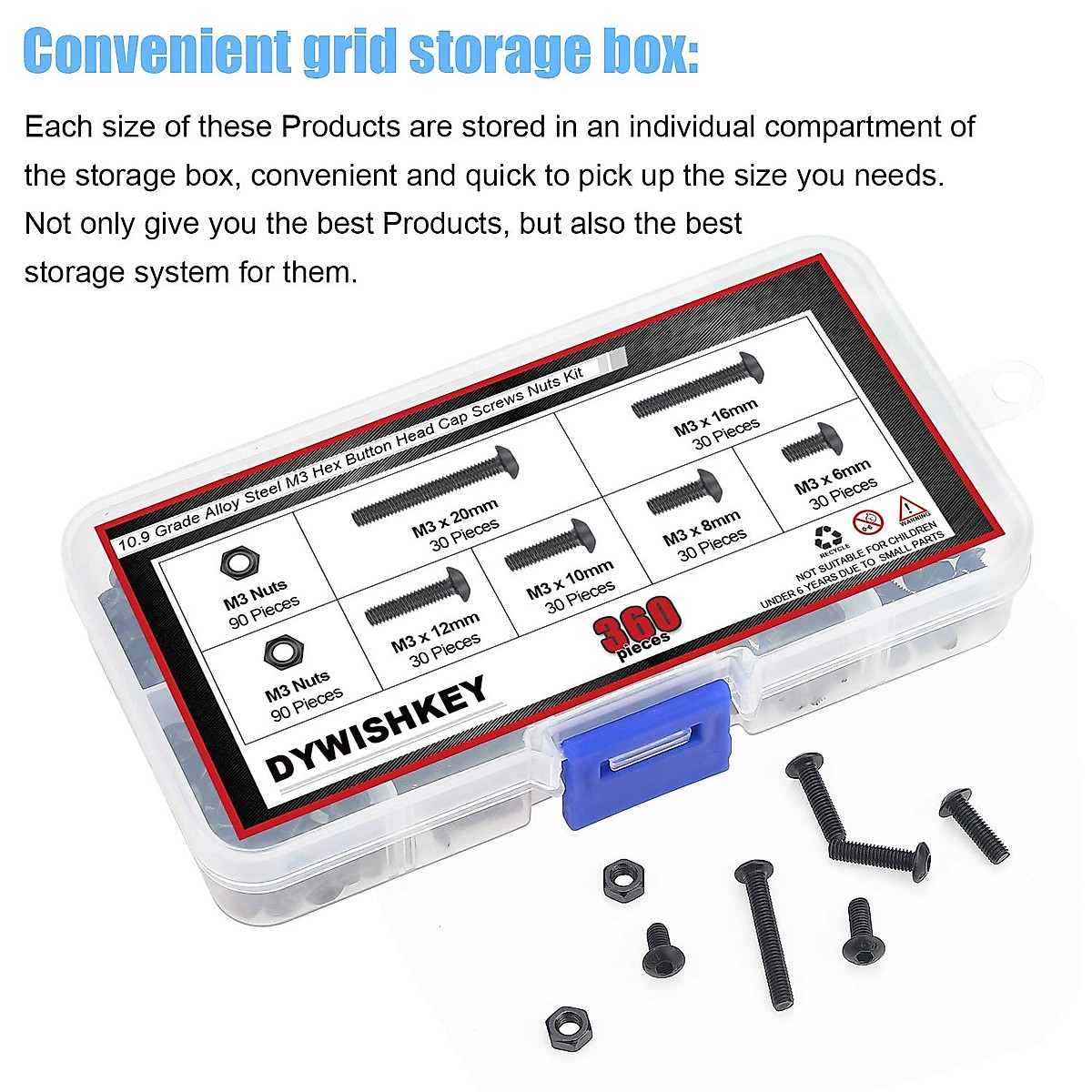 DYWISHKEY 360 Pieces M3 x 6mm/8mm/10mm/12mm/16mm/20mm, 10.9 Grade Alloy Steel Hex Button Head Cap Bolts Screws Nuts Kit with Hex Wrench