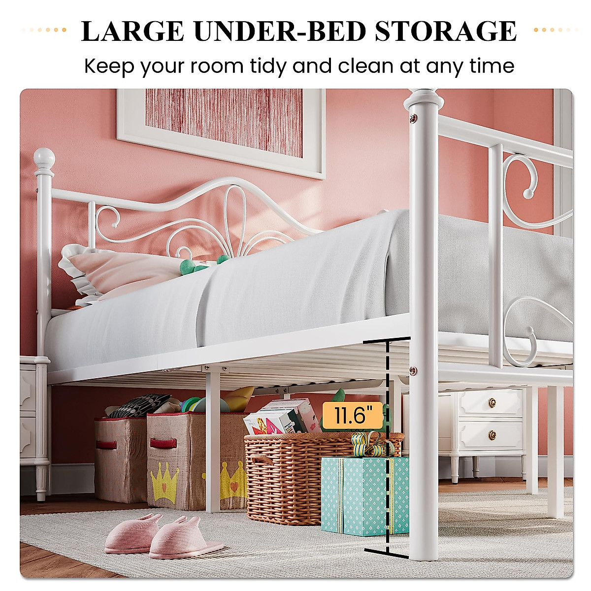 SHA CERLIN Full Size Bed Frame with Headboard,Metal Bed Frame with Butterfly Pattern Design Headboard & Footboard,No Box Spring Needed,Easy Assembly,White