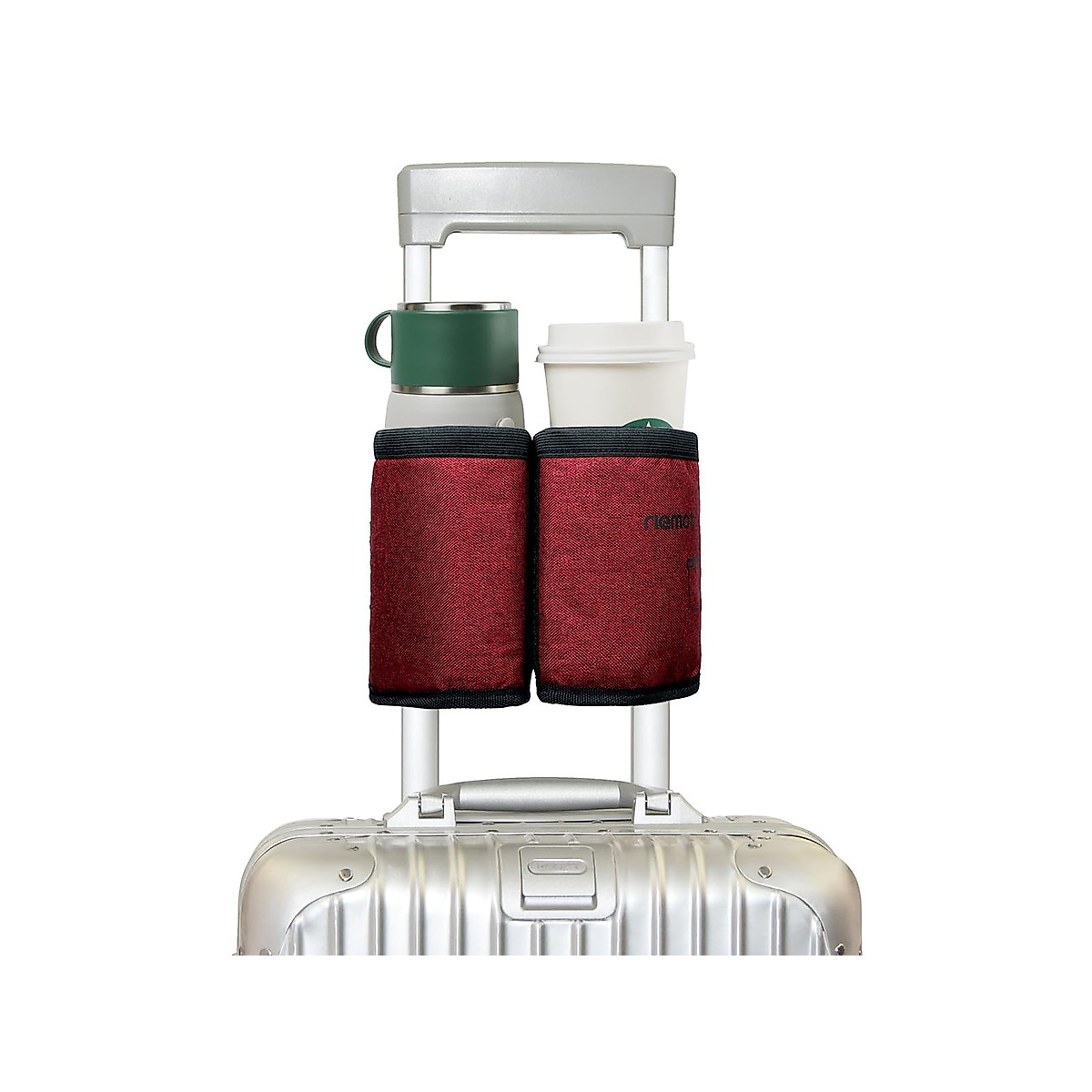 riemot Luggage Travel Cup Holder Free Hand Drink Carrier - Hold Two Coffee Mugs - Fits Roll on Suitcase Handles - Gifts for Flight Attendants Travelers Accessories Red