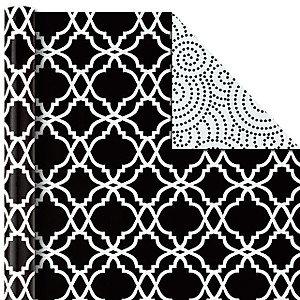 Hallmark All Occasion Reversible Wrapping Paper Bundle - Black and White Flowers and Dots (3-Pack: 75 sq. ft. ttl.) for Birthdays, Weddings, Graduations, Valentine's Day, Anniversaries, Christmas