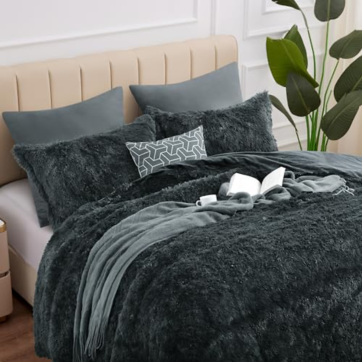 Aisbo Faux Fur Duvet Cover King - Fuzzy Plush Shaggy Duvet Cover King Size with Button Closure, Soft Fluffy Comforter Cover Set 104x90 Inches with 2 Pillow Shams for Winter, Grey