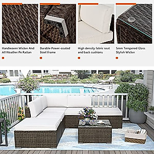 HOMPUS 6-Piece Outdoor Handwoven Sectional Sofa PE Rattan Wicker Couch Corner Conversation Set Furniture Brown Patio Sofa Set w Beige Seat Cushions, Glass Coffee Table for Garden,Yard,Pool