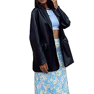 BHMAWSRT Womens Leather Blazer Coat, Long Sleeve Lapel Faux PU Leather Jacket Button Front Trench Coat (Black Blazer, Large)