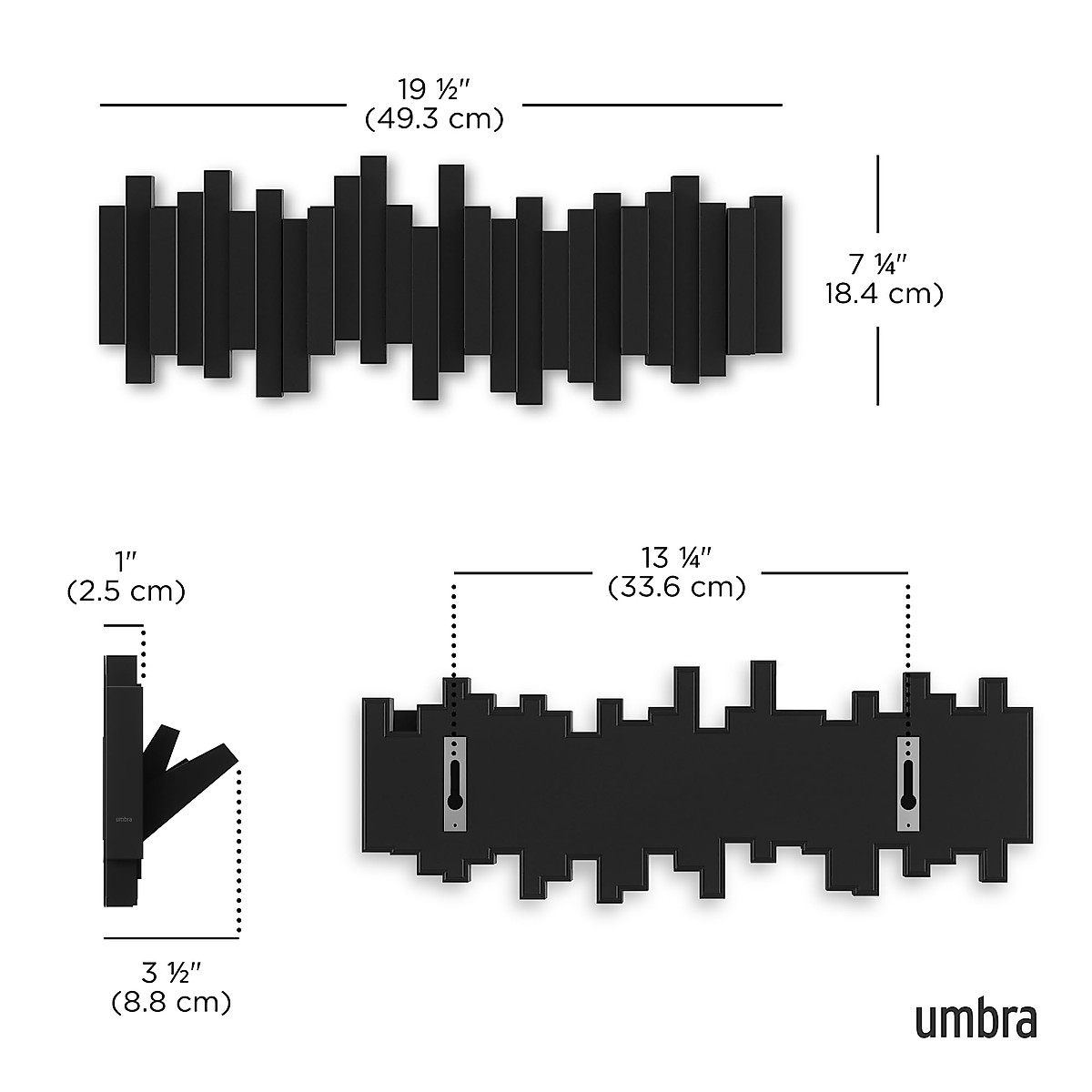 Umbra 318211-040 Sticks Multi Rack – Modern, Unique, Space-Saving Hanger with 5 Flip-Down Hooks for Hanging Coats, Scarfs, Purses and More, Black