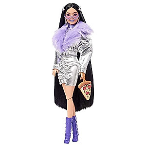 Barbie Extra Doll and Accessories with Black Hair, Lavender Lips, Metallic Silver Jacket and Pet Dalmatian Puppy