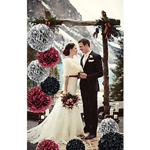 9PCS Maroon Burgundy Black Silver Tissue Paper Flowers Hanging Pom Poms Wall Backdrop Streamers for Graduation Bridal Wedding Shower Bachelorette Retirement Party Décor