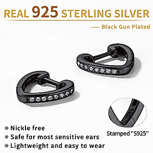 ChicSilver 7MM Small Black Hoop Earrings for Women 925 Sterling Silver White Cubic Zirconia Heart Huggie Earrings Hypoallergenic Lightweight Tiny Hoops Cartilage Earrings