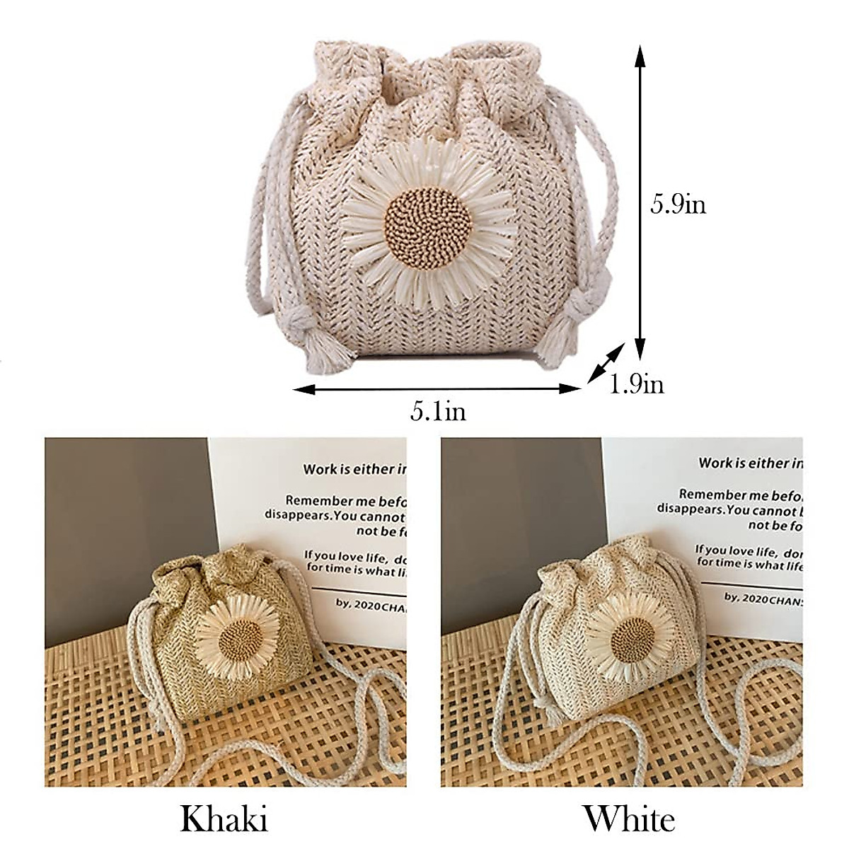 Summer Straw Coin Purses for Women Girls Cute Floral Drawstring Crossbody Bag for Beach Vacation(White)