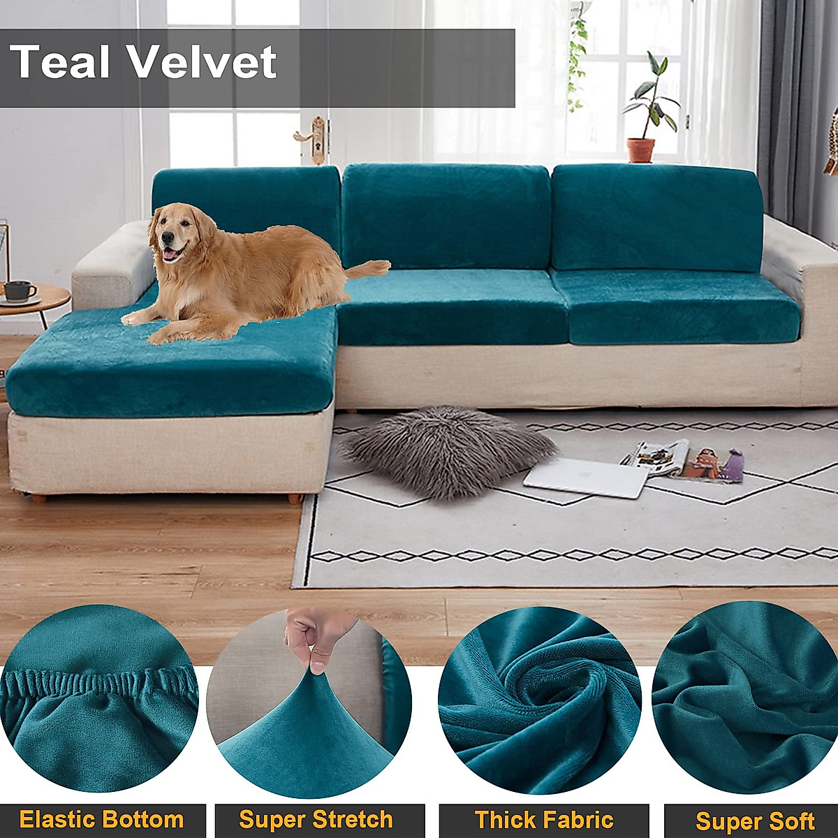 Rosnek Couch Cushion Covers Stretch for Individual Sofa Cushion,Soft Velvet U Shaped Sectional Couch Covers Sofa Slipcover for Seat Cushion Replacement,Small