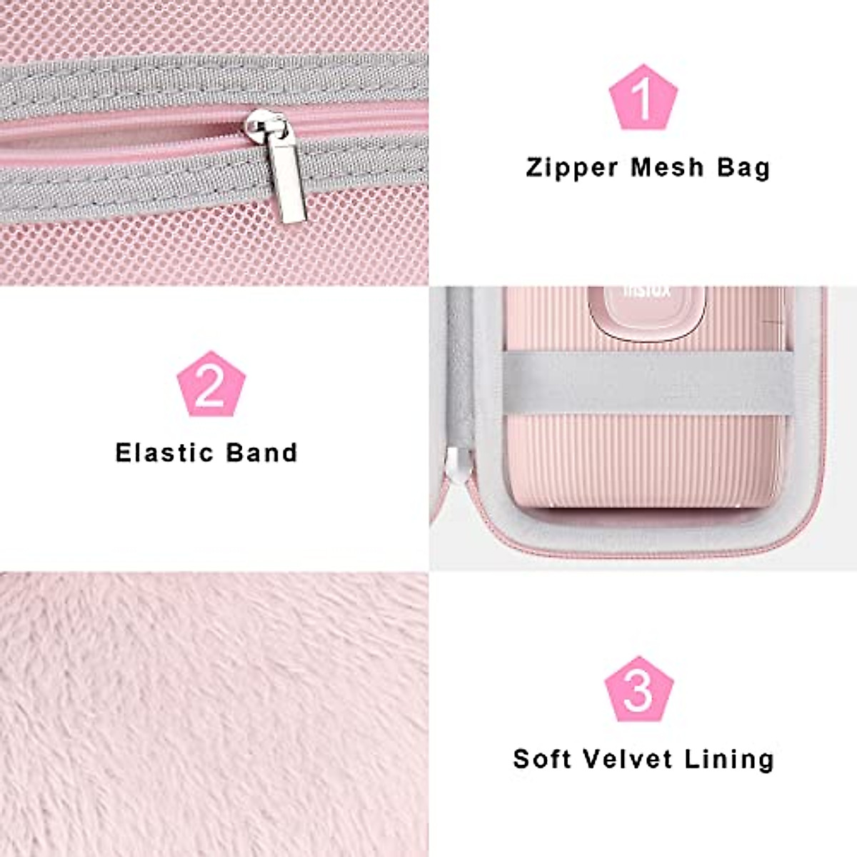 Canboc Hard Case for Fujifilm Instax Mini Link 2/ Instax Mini Link Smartphone Printer/Fujifilm Instax Mini EVO Instant Camera, Mesh Pocket fit Instax Mini Instant Film and Cable, Soft Pink