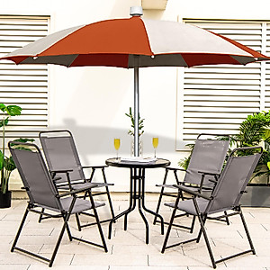 Tangkula Patio Folding Dining Chairs Set of 4, Space-Saving Outdoor Sling Chairs with Armrest & Backrest, Triangular Frame, Footpads, Outdoor Patio Chairs for Balcony, Garden, Poolside (Gray)