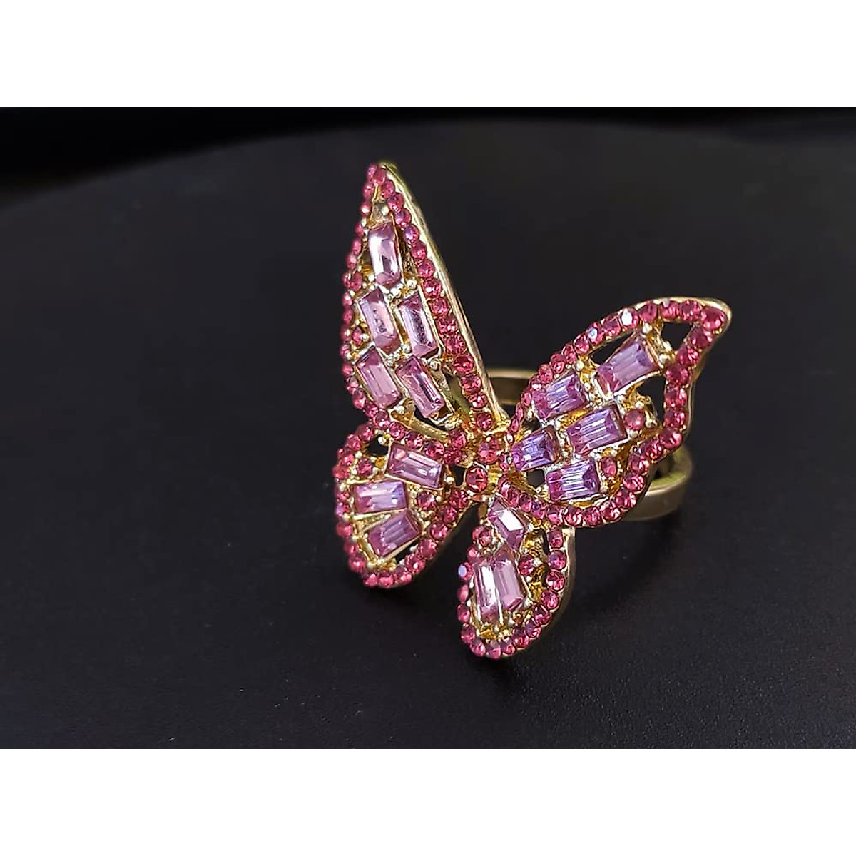 Pink CZ Butterfly Statement Ring for Women Gold Plated Boho Crystal Adjustable Open Band Wrap Finger Rings Comfort Fit Dainty Birthday Wedding Anniversary Mother's Day Christmas Jewelry