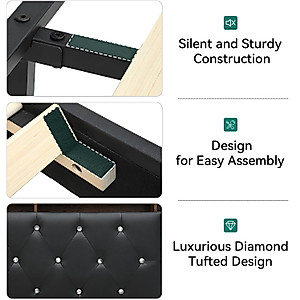 YITAHOME Floating Bed Frame Queen, Upholstered Platform Bed with RGB LED Lights, Faux Leather Crystal Button Tufted Storage Headboard and USB-C/A Charging Station, No Box Spring Needed, Black