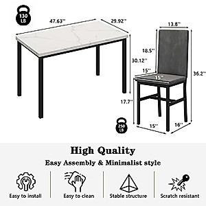 MIERE Dining Table Set for 4, 5-Piece Marble DiningTableSet with 4 Velvet Metal Frame Chairs for Kitchen, Bar, Living Room, Breakfast Nook, Small Space, 03 Gray
