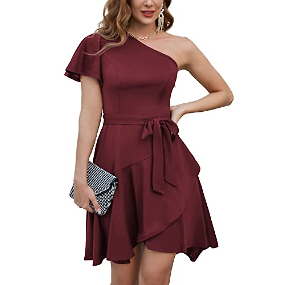 GRACE KARIN Wedding Dresses for Guest One Shoulder Flared Short Sleeve Ruffle Hem Cocktail Prom Party Dress Wine Red M