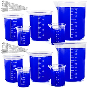 Plastic Beakers Set, 20 Pcs Plastic Measuring Beakers and Droppers, 10 Pcs Clear Measuring Graduated Liquid Container Beakers in 50/100/250/500/1000ml with 10 Pcs Thickened Plastic Droppers in 3ml