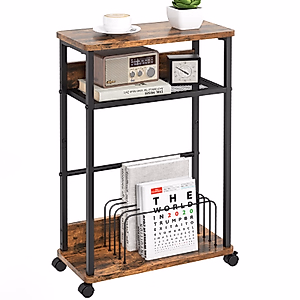 Livofloral Narrow Side Table with Wheels, 3 Tier Small End Tables for Small Spaces, Sofa Table with Magazine Rack, Skinny Nightstand Table with Storage Shelf for Living Room, Bedroom, Brown