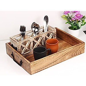 Wooden Decorative Serving Tray with Metal Handles | Wood Trays for Breakfast in Bed, Lunch, Dinner, Appetizers, Patio, Ottoman, Coffee Table, Party (15" X 11" x 2.75")