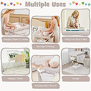 BABY JOY Baby Changing Table, Portable Folding Diaper Changing Station with Wheels, Adjustable Height, Large Storage Rack, Water Basin, Safety Belt, Mobile Nursery Organizer for Newborn Infant, Beige