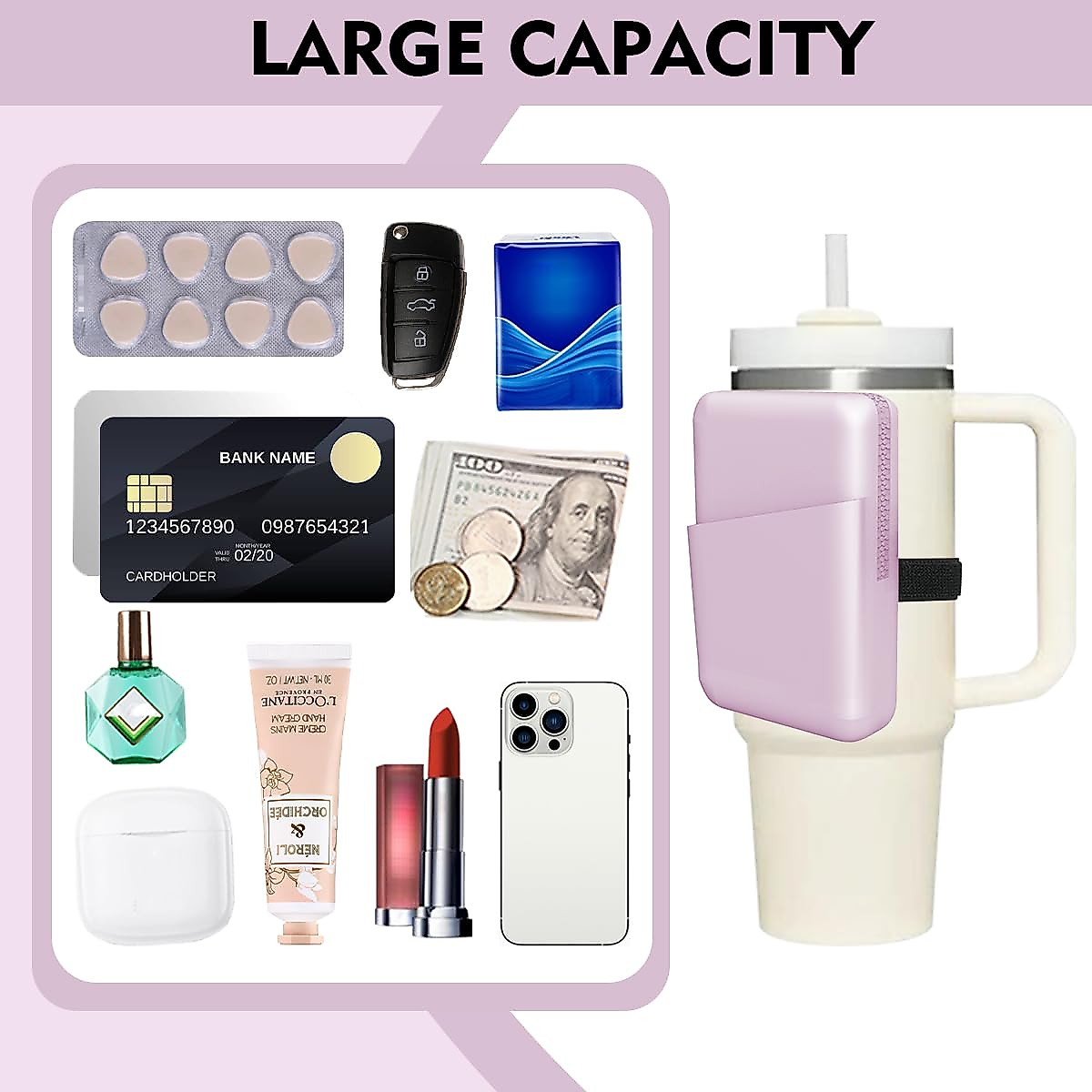 Silicone Water Bottle Pouch for Stanley, Stanley Fanny Pack with Pocket, Stanley Cup Accessories for Stanley Quencher Stanley IceFlow 20 oz 30 oz 40 oz, for Phone, Card, Key, Wallet, Earphone (Purple)