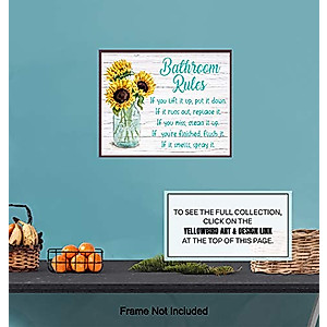 Bathroom Rules Wall Decor - Sunflower Wall Decor - Rustic Country Farmhouse Bathroom Decor - Powder Room Decor - Funny Blue Bathroom Decor - Restroom Sign - Bath Wall Art - Decorations - Unframed 8x10