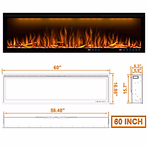 Benrocks 60'' Smart Electric Fireplace Inserts, Recessed & Wall Mounted Fireplace, 13 * 13 * 3 Color Combinations, App Control Fireplace Heater, Timer, Logs & Crystals 750/1500W Black