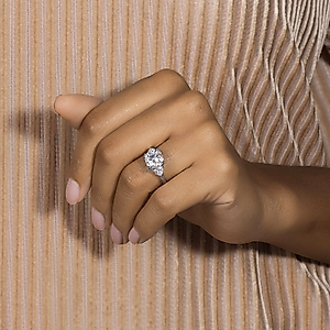 Charles & Colvard Created Moissanite 9.5mm Cushion Cut Three Stone Engagement Ring for Women | 5 cttw DEW | Lab Grown | Solid 14K White Gold with Rhodium | Size 7