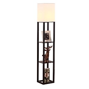 HomeFocus - Floor Lamp,Shelf Floor Lamp with LED Bulb,Display Shelves Floor Lamp,Floor Lamp for Living Room,Floor Lamp for Bedroom,White Linen Shade,Wood,Black