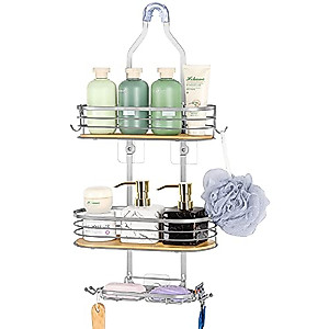 Hanging Shower Caddy, Stainless Steel Bathroom Hanging Shower Organizer Rack Basket, Rustproof Bamboo Basket with Hooks for Towels, Soap, Shampoo, shower accessories, Silver